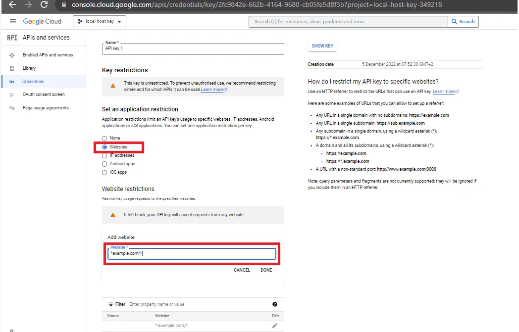 Protecting your Google Maps API key from unauthorized use - Setting up website restrictions ...