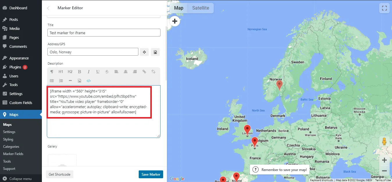Embedding iframes in your markers - WP Go Maps Documentation
